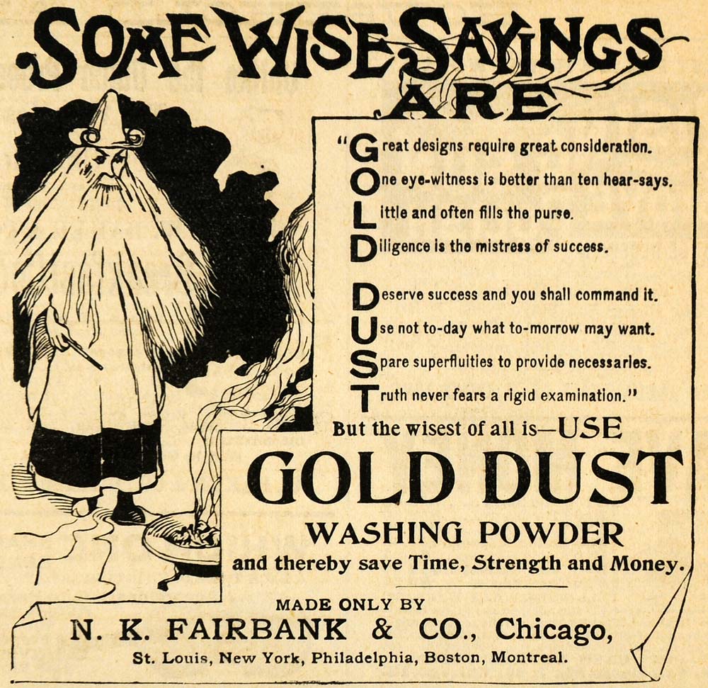 1893 Ad N. K. Fairbank Gold Dust Washing Powder Wizard Household Clean ...