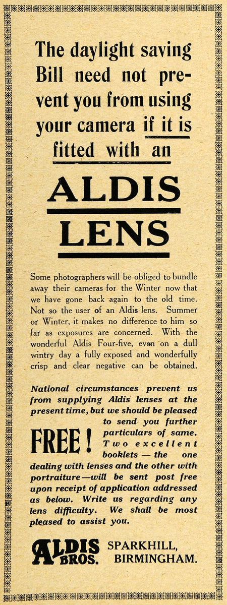 1918 Ad Aldis Bros. Camera Lenses Birmingham England - ORIGINAL ADVERT ...