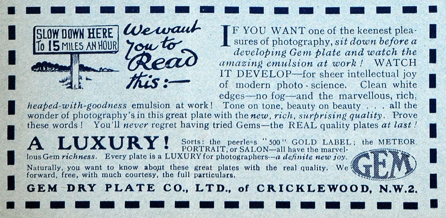 1918 Ad Gem Dry Plate Emulsion Photography Film Developing Cricklewood ...