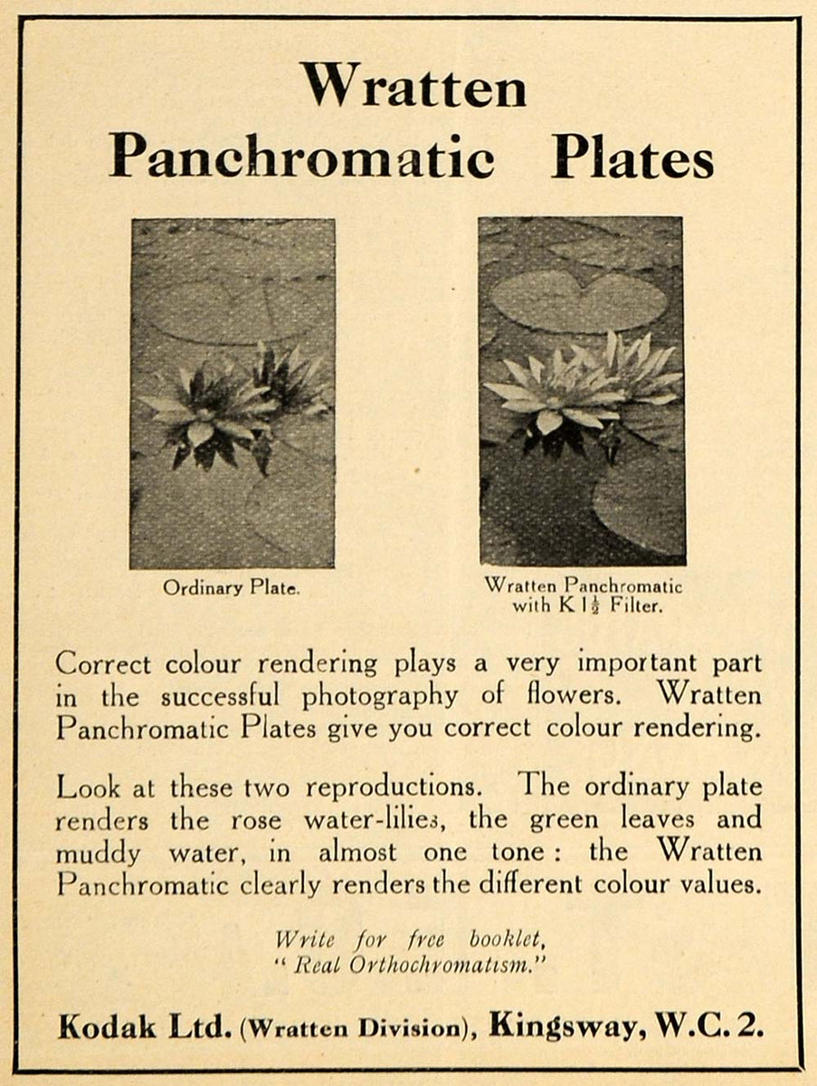 1918 Ad Kodak Wratten Panchromatic Plates Color Render Photography Wat ...