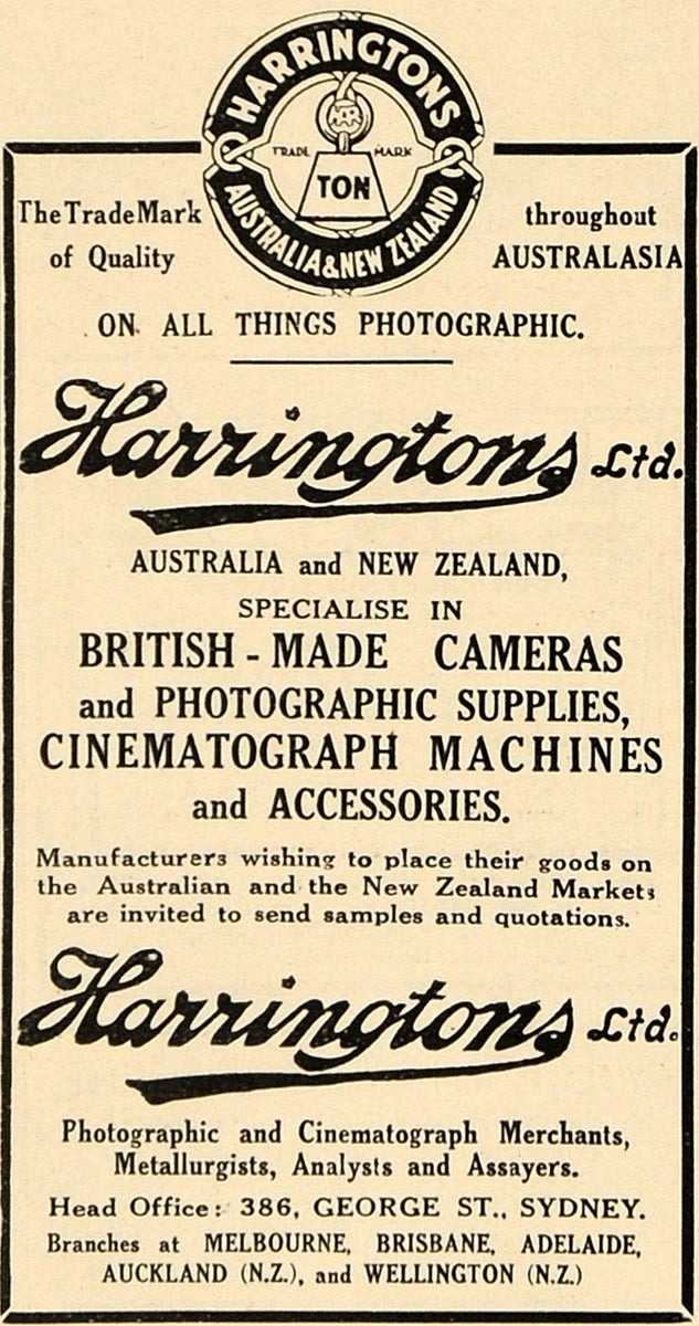 1918 Ad Harringtons Camera Sydney Australia New Zealand Cinematograph ...