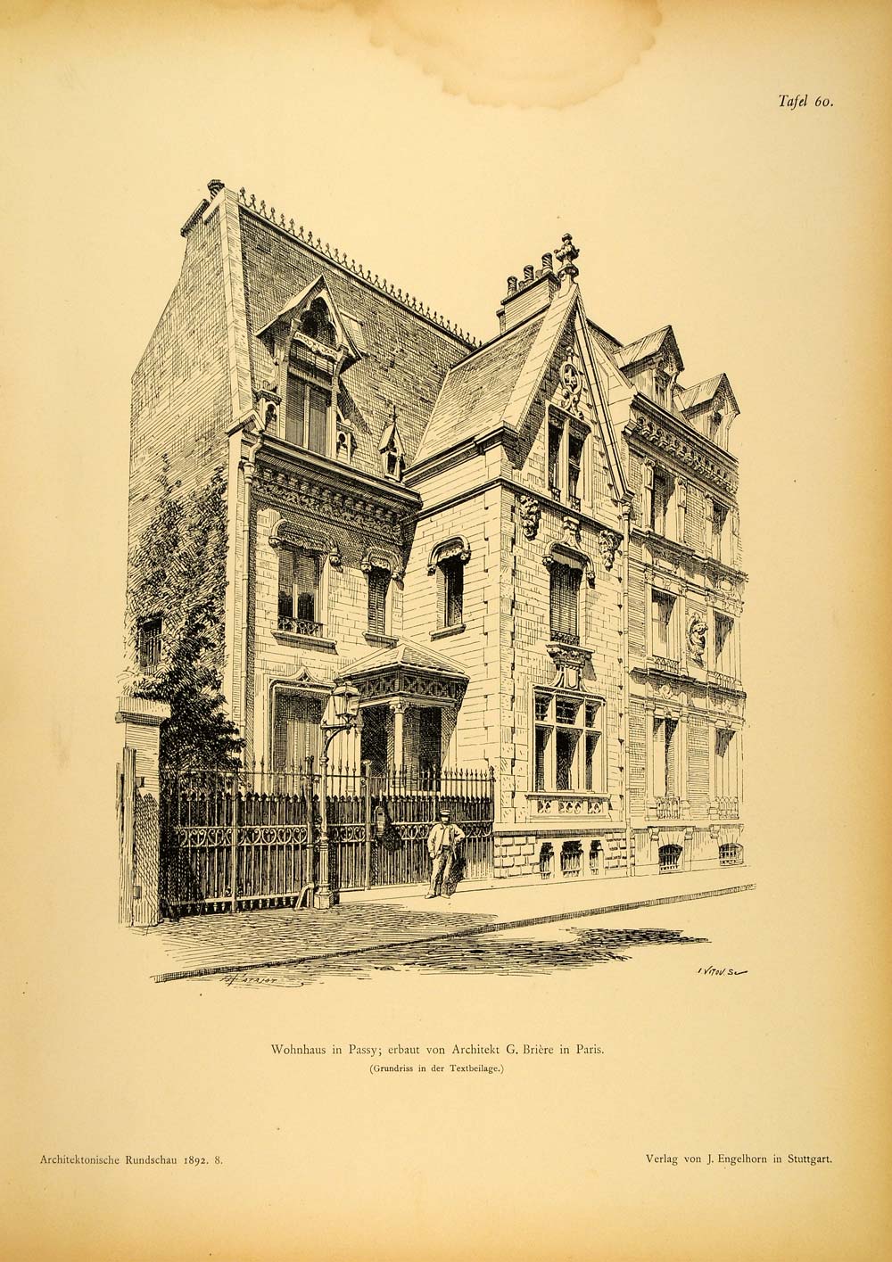 1892 Print House Passy Paris French Architecture Briere ORIGINAL HISTO ...