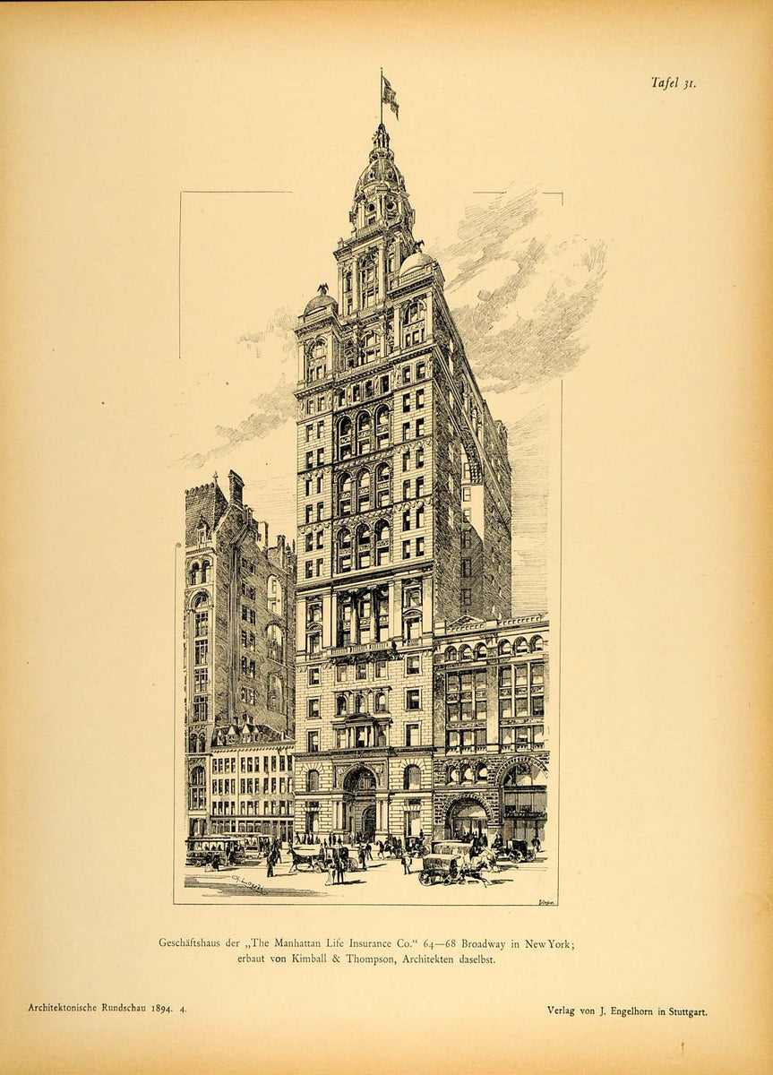 1894 Manhattan Life Insurance Co. Building NYC Print - ORIGINAL HISTOR ...