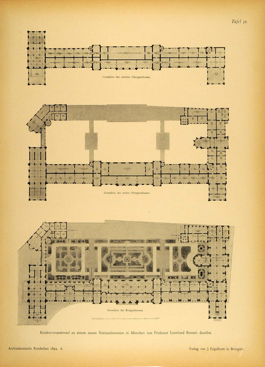 1894 Print National Museum Munich Germany Architecture Blueprints Leon ...