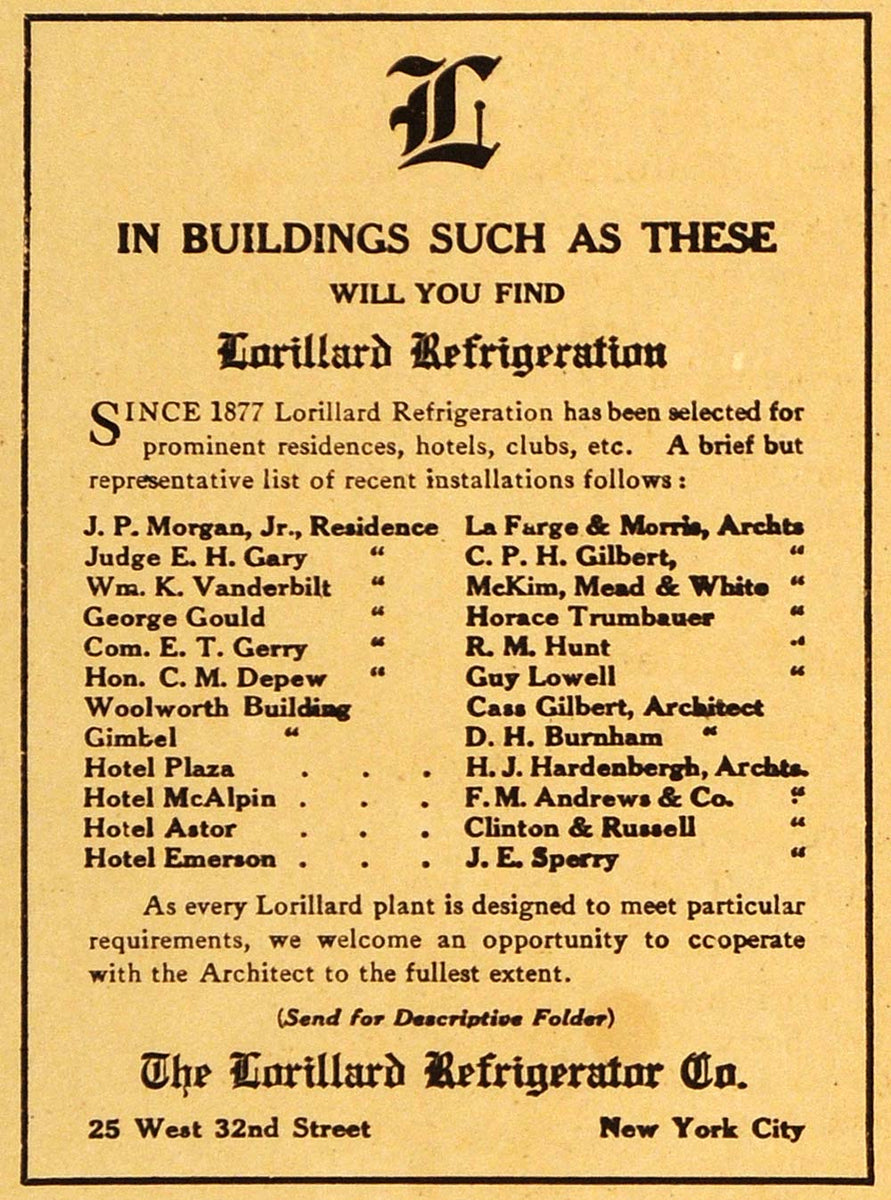 1915 Ad Lorillard Refrigerator Hotels Residences Installation Emerson ...