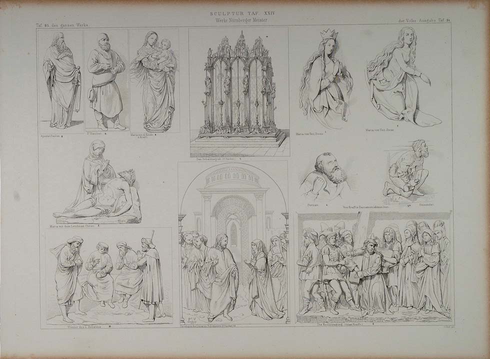 1870 Lithograph German Religious Sculptures Virgins Christ Crucifixion ...