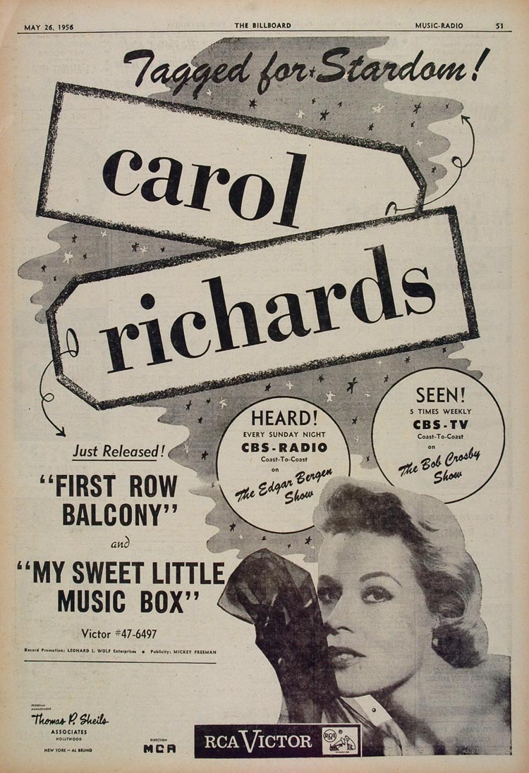 1956 Booking Ad Carol Richards RCA Victor Record Sheils - ORIGINAL BBM – Period Paper Historic ...