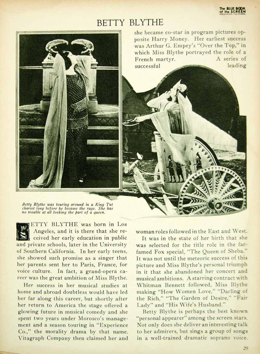 1923 Print Betty Blythe Silent Film Actress Star Queen of Sheba Movie ...