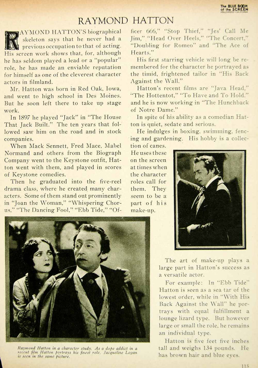 1923 Print Raymond Hatton Silent Film Character Actor Role Comedy Biog ...