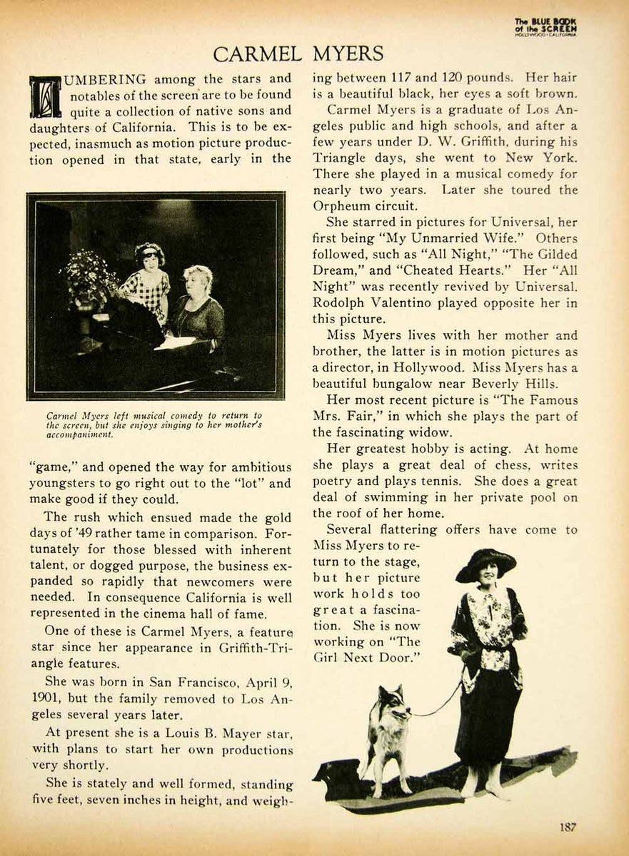 1923 Print Carmel Myers Silent Film Actress Movie Star Portrait Biogra ...