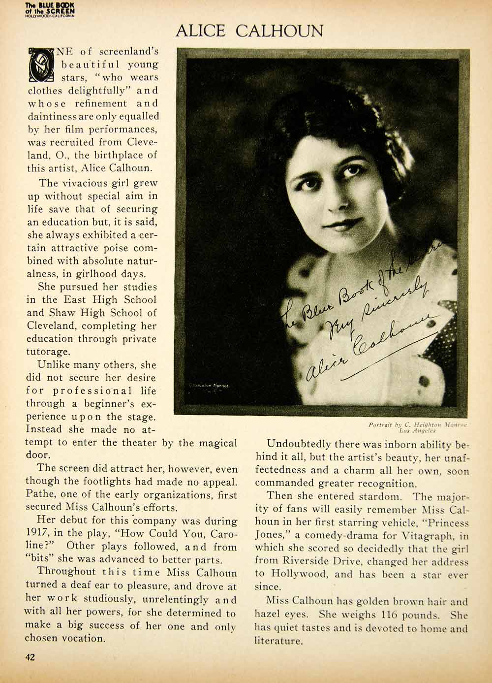1923 Print Alice Calhoun Silent Film Actress Movie Star Portrait Biogr ...