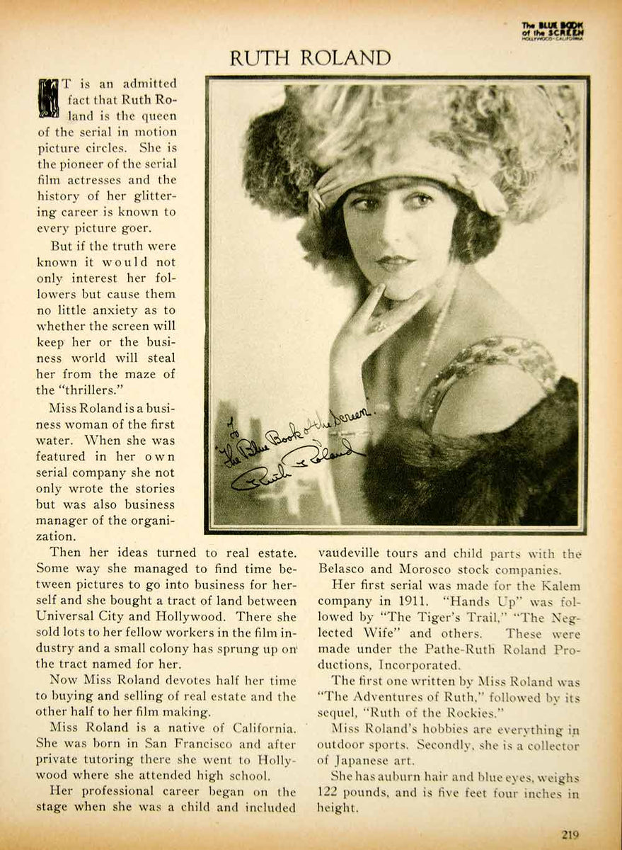 1923 Print Ruth Roland Actress Silent Film Producer Star Portrait Biog ...