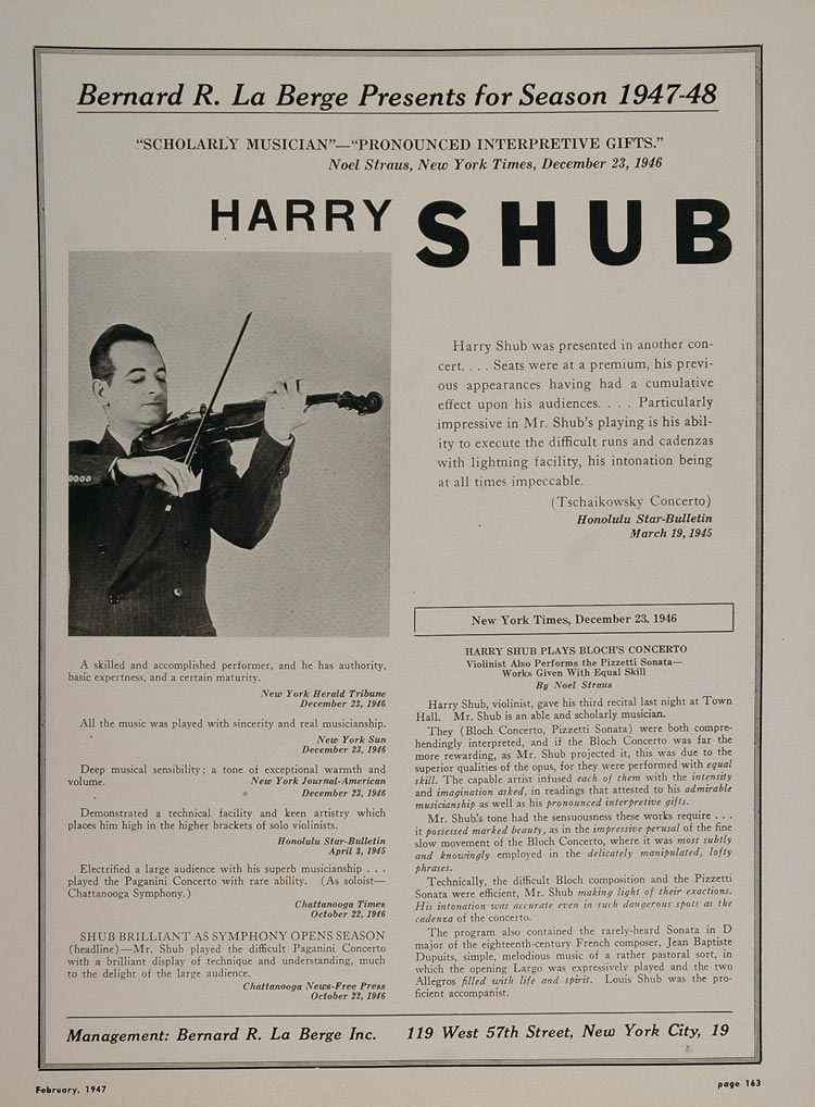 1947 Harry Shub Violinist Violin LaBerge Booking Ad - ORIGINAL – Period ...