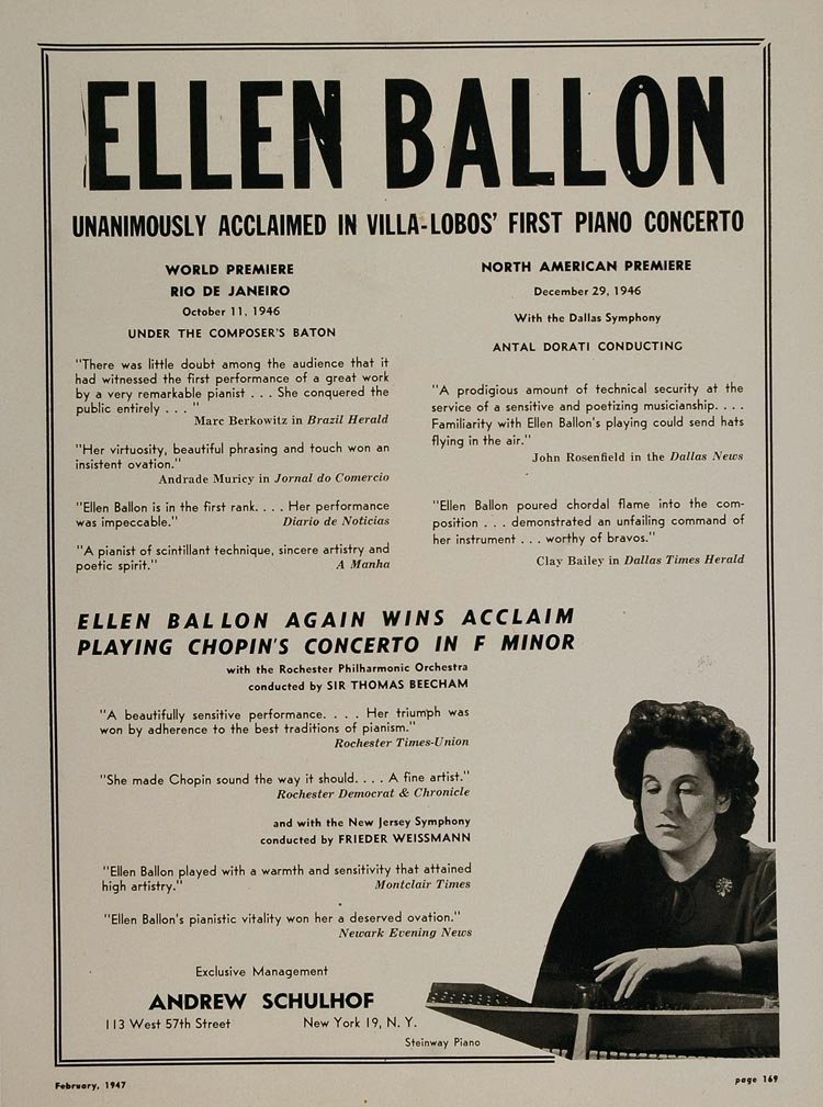 1947 Ellen Ballon Pianist Andrew Schulhof Booking Ad - ORIGINAL ...