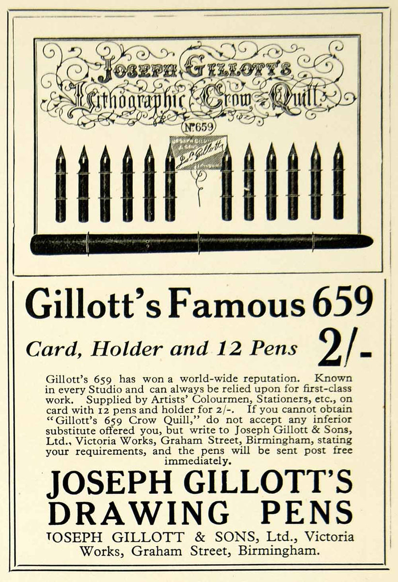 1928 Ad Joseph Gillot Sons 659 Crow Quill Pen Writing Graham St Birmin ...