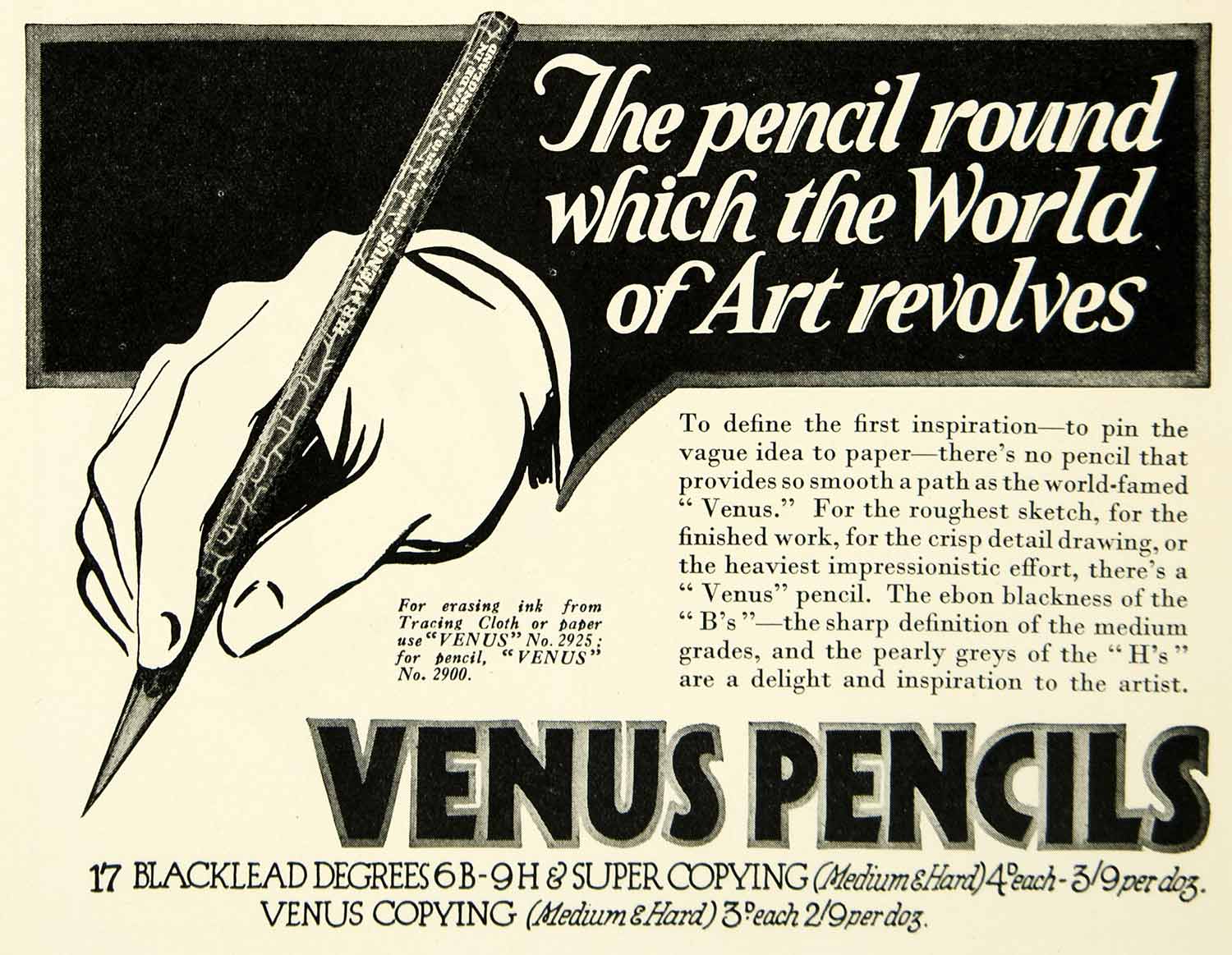 1928 Ad Venus No 2925 Artist HB Pencil Writing Instrument Lead Sketch ...