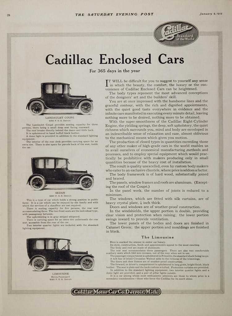 1915 Ad Antique Cadillac Enclosed Cars Limousine Sedan - ORIGINAL CARS ...