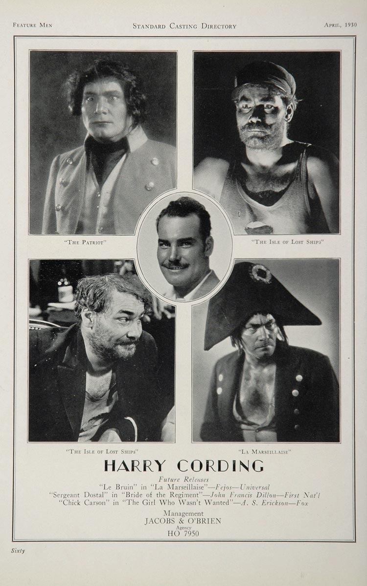 1930 Harry Cording Actor Costumes Movie Film Casting Ad - ORIGINAL CAS ...