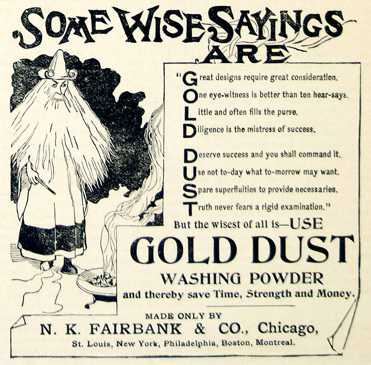 1893 Ad Gold Dust Washing Powder NK Fairbank Wise Saying Acronym Wizar ...