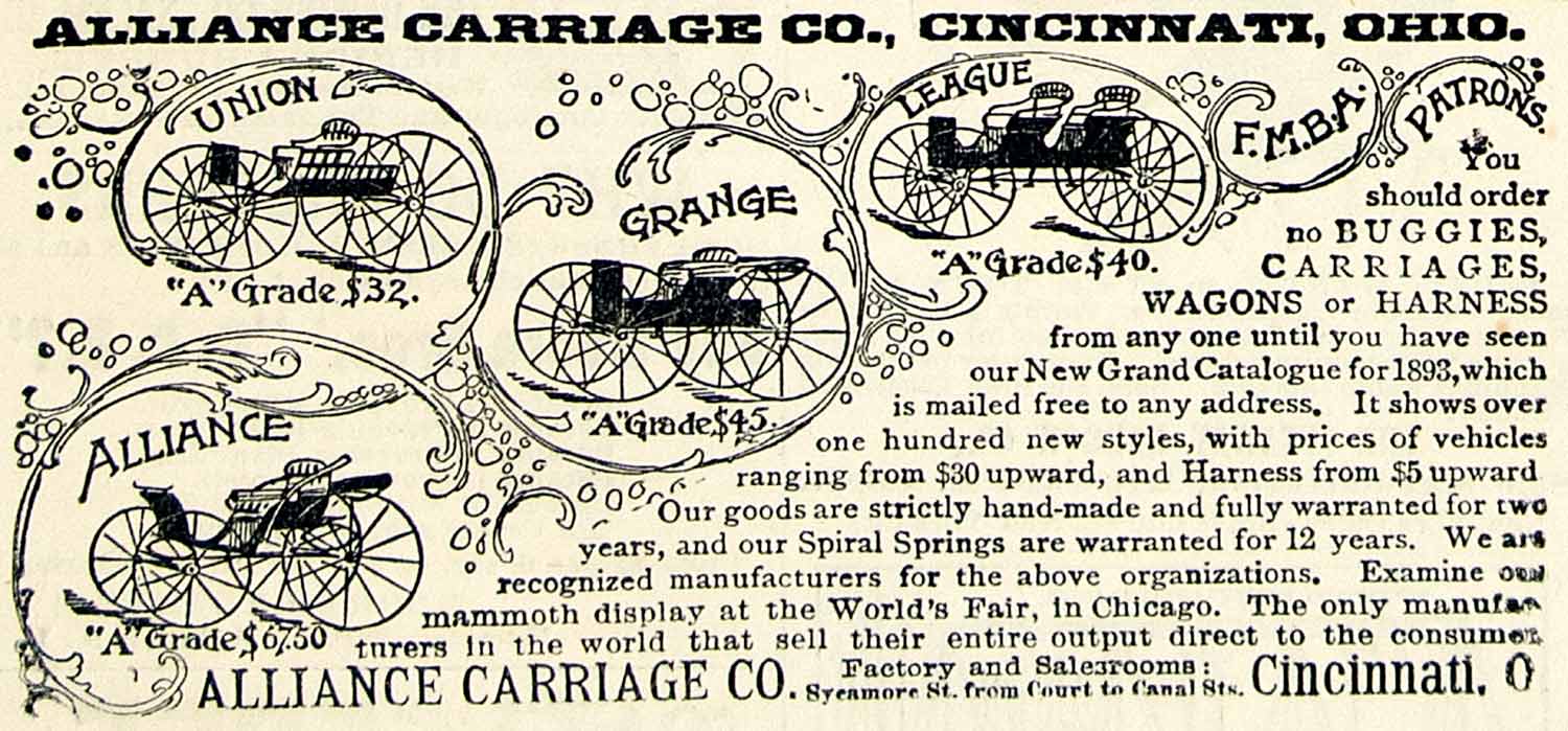 1893 Ad Alliance Carriage Sycamore Canal St Cincinnati Ohio Buggy Unio ...