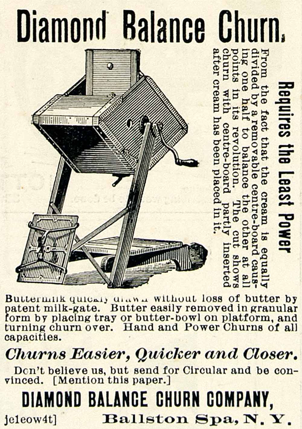 1893 Ad Diamond Balance Butter Churn Dairy Farm Equipment Ballston Spa ...