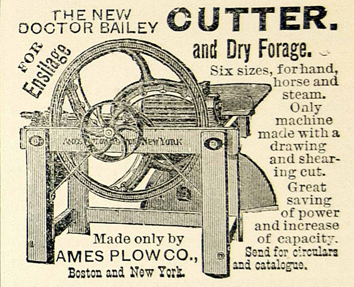 1896 Ad Ames Plow Doctor Bailey Ensilage Fodder Cutter Dry Forage Farm ...