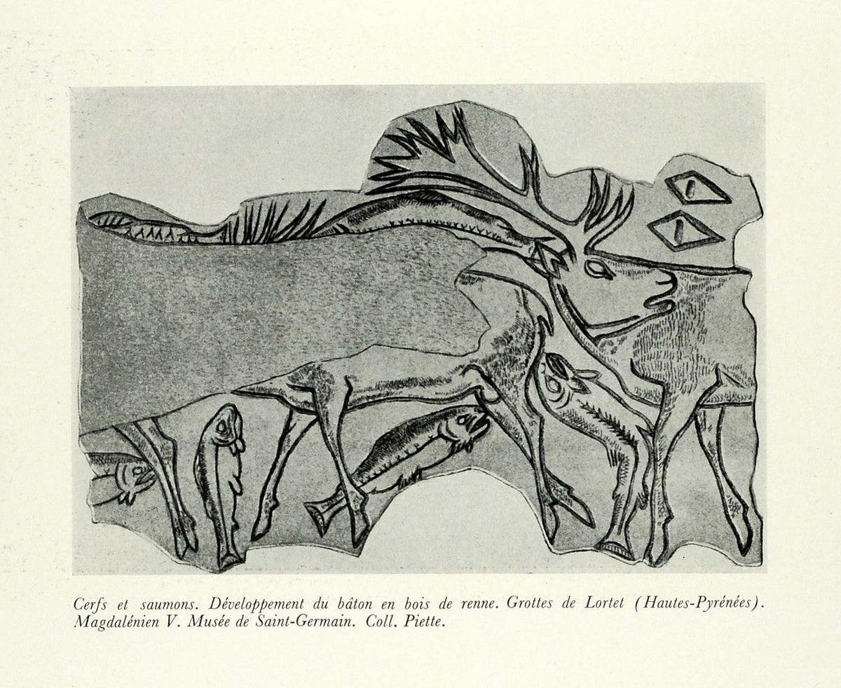 1953 Print Reindeer Fish Poisson Archaeological Saint-Germain Chateau ...