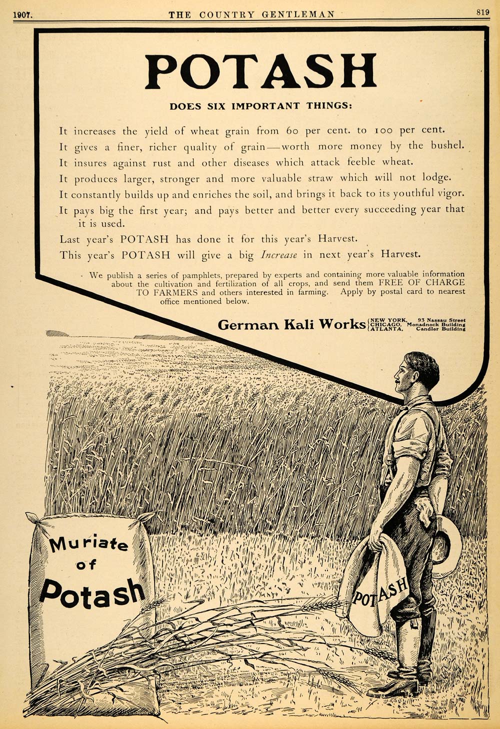 1907 Ad Potash German Kali Works Grain Wheat Harvest - ORIGINAL ADVERT ...