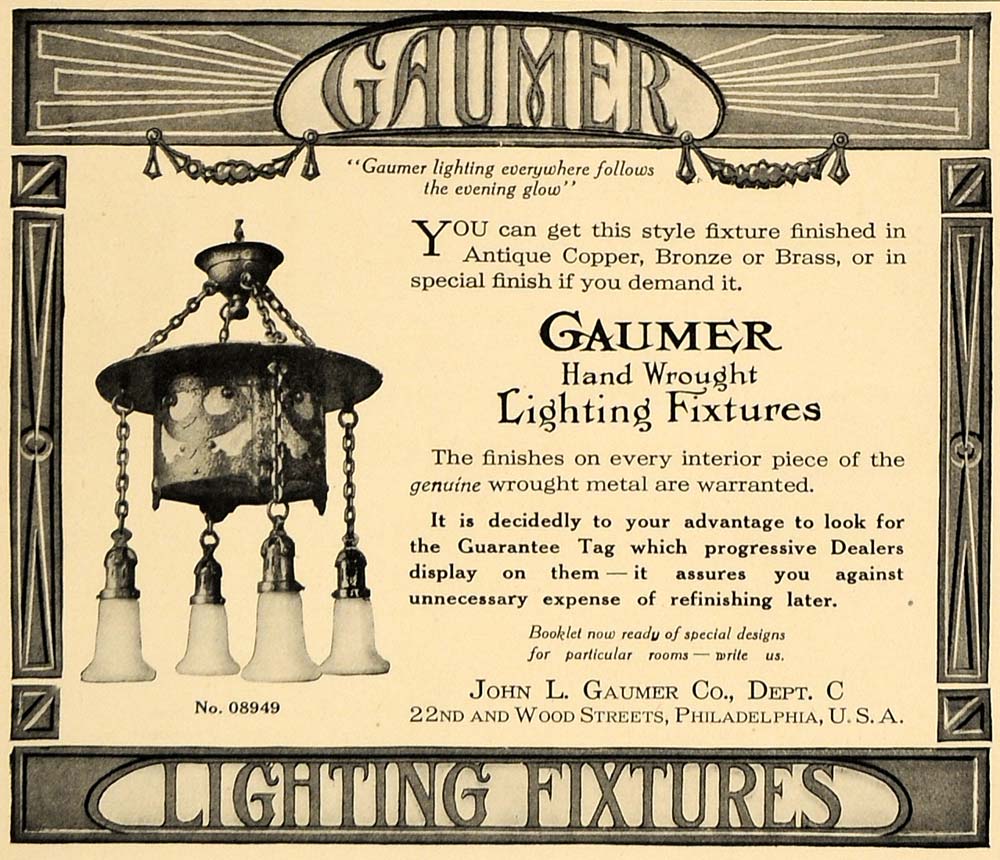 1913 Ad John Gaumer Hand Wrought Lighting Fixtures Home Decor Philadel ...