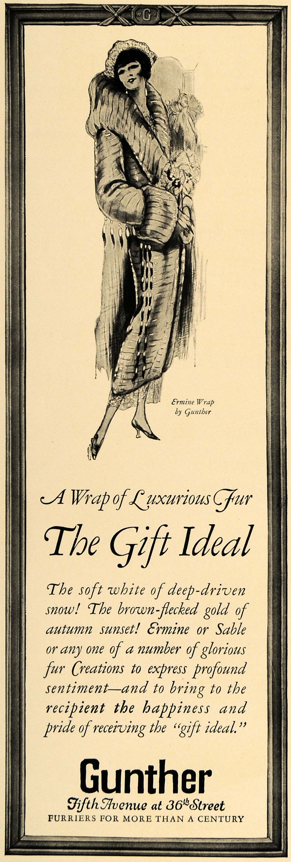1924 Ad Ermine Fur Wrap Gunther Furriers 20s Fashion - ORIGINAL ADVERT ...