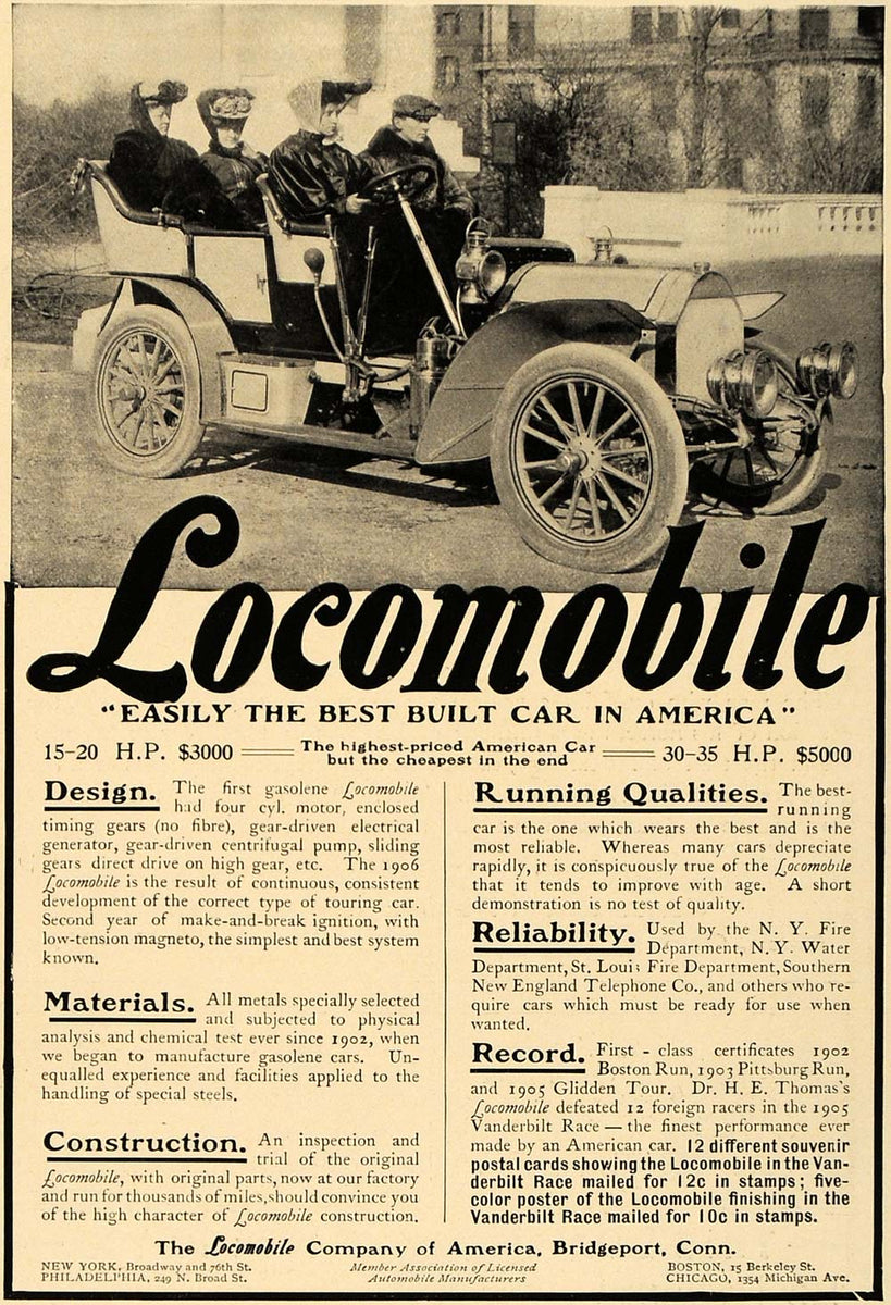 1906 Ad Antique Locomobile Automobile Records Features - ORIGINAL CL8 ...