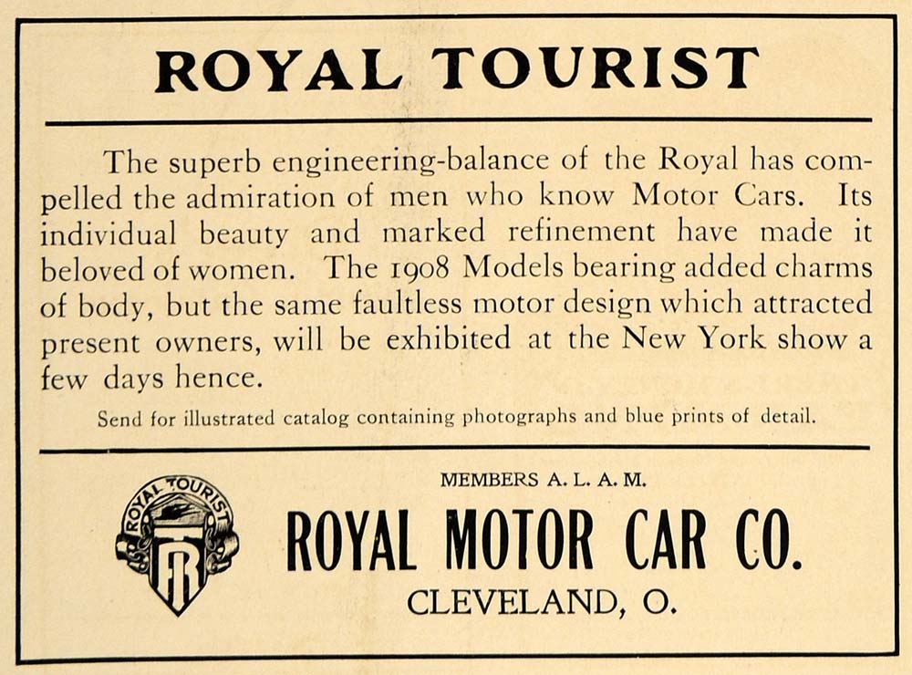 1907 Ad Royal Motor Car Company Tourist 1908 Models - ORIGINAL ADVERTI ...