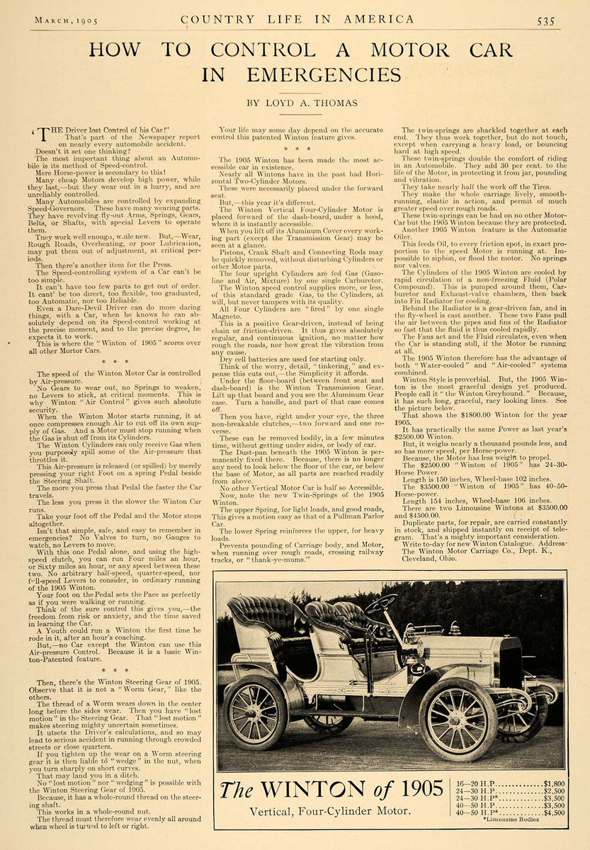 1905 Article Winton Automobile Control Car Emergencies - ORIGINAL CL9 ...
