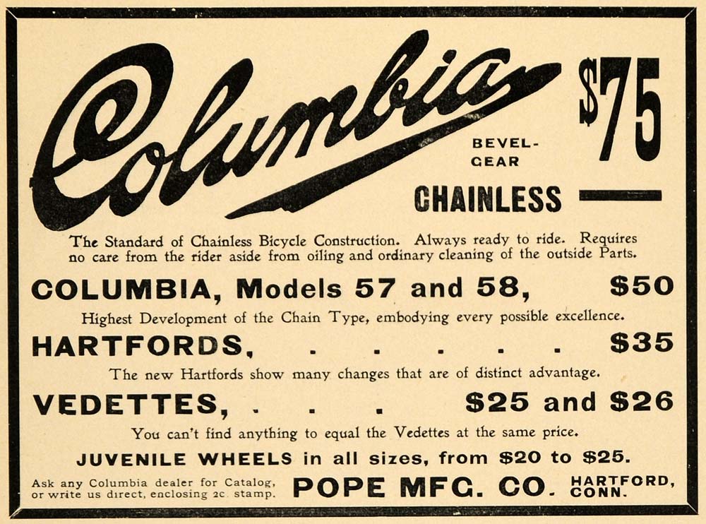 1899 Ad Columbia Bevel Gear Chainless Bicycle Pope Vedettes Hartfords ...