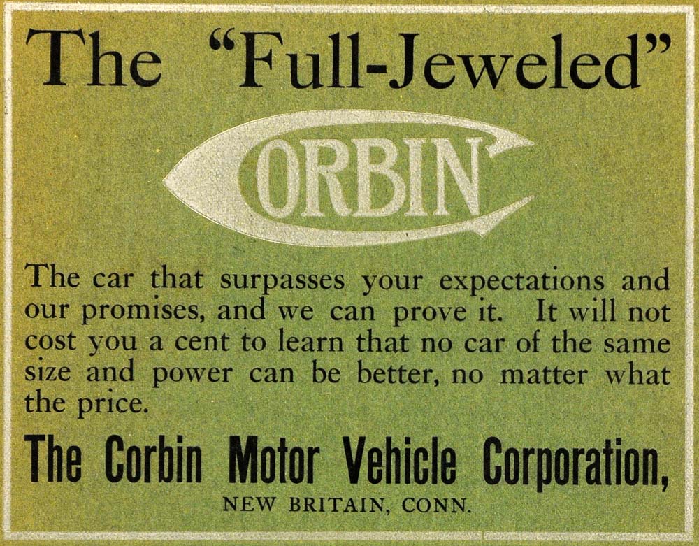 1907 Ad Full Jeweled Corbin Motor Vehicle Car New Britain Conn Logo CM ...