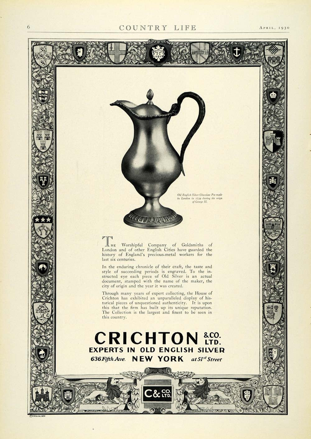 1930 Ad Crichton Old English Period Silver 1759 London Chocolate Pot G ...