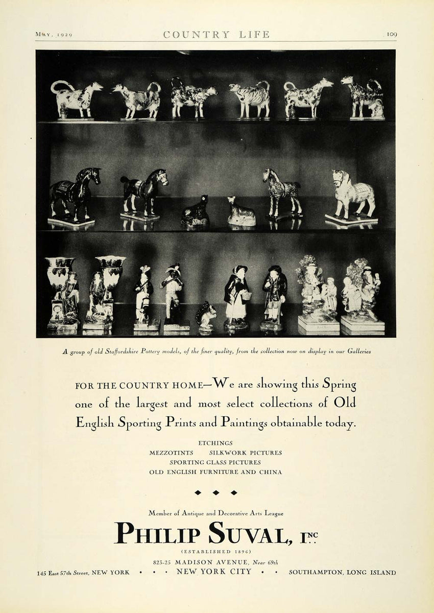 1929 Ad Philip Suval Inc Madison Avenue Staffordshire Pottery Models C ...