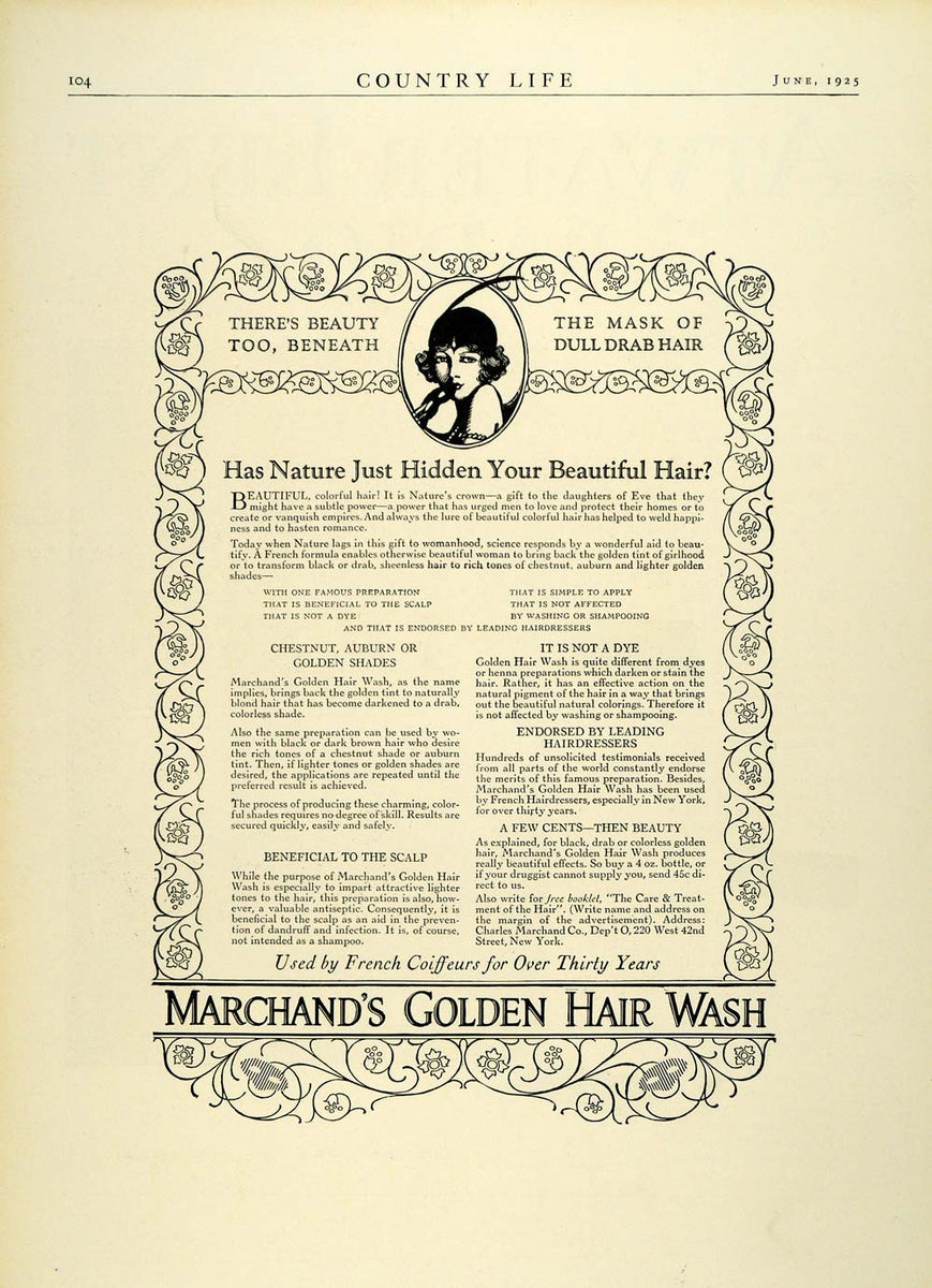 1925 Ad Marchand's Golden Hair Wash Coloring Style Auburn Shades Beaut ...