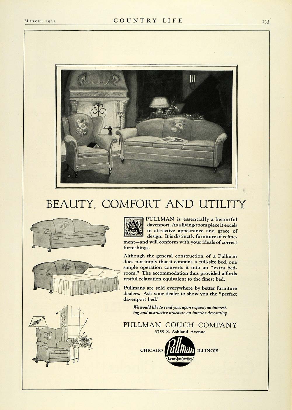 1923 Ad Pullman Couch Co Chicago Illinois Living Room Furniture Sofa B ...