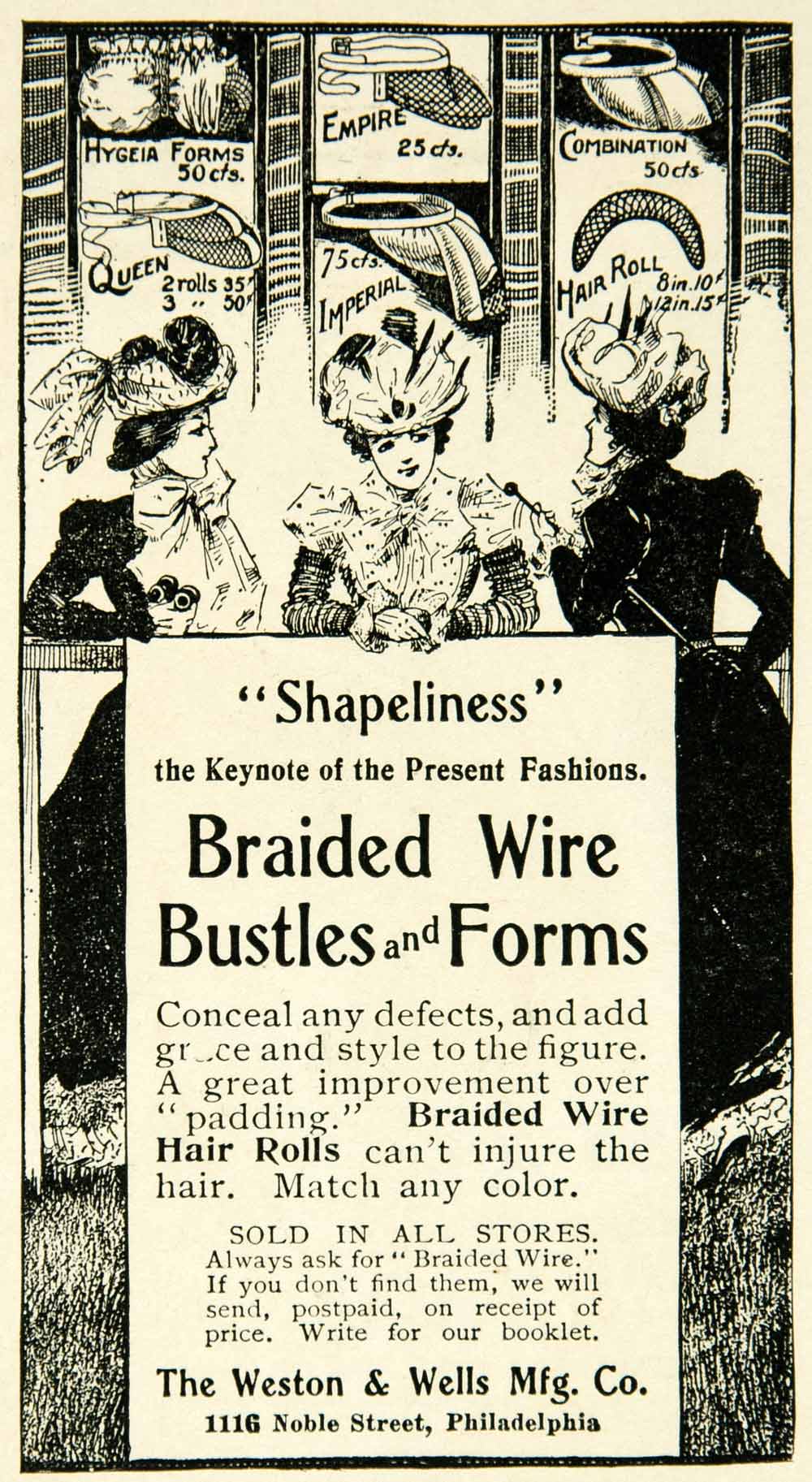 1899 Ad Braided Wire Bustles Forms Weston Wells Manufacturing Philadel ...