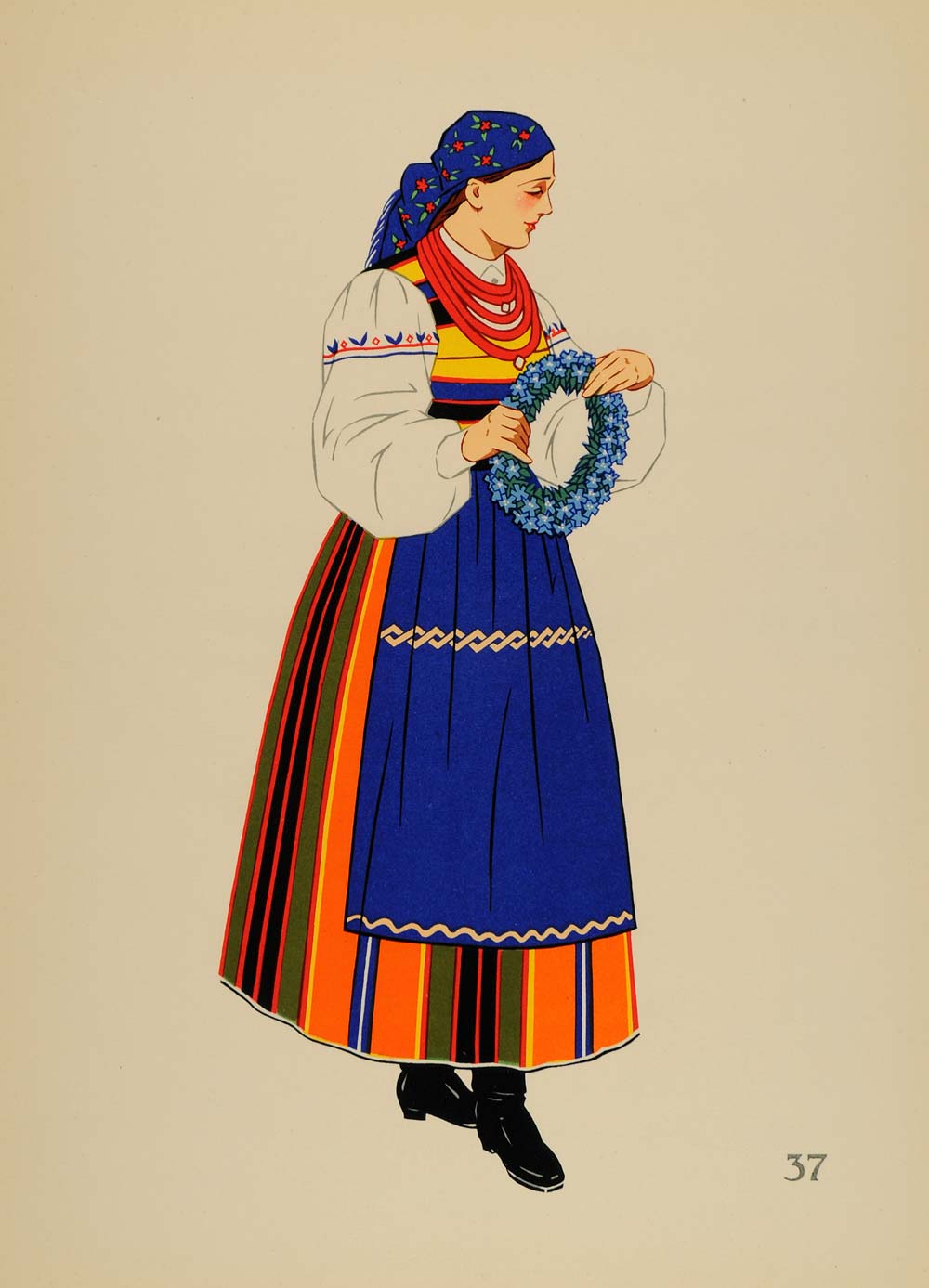 1939 Polish Folk Costume Woman Lowicz Poland Lithograph - ORIGINAL COS ...