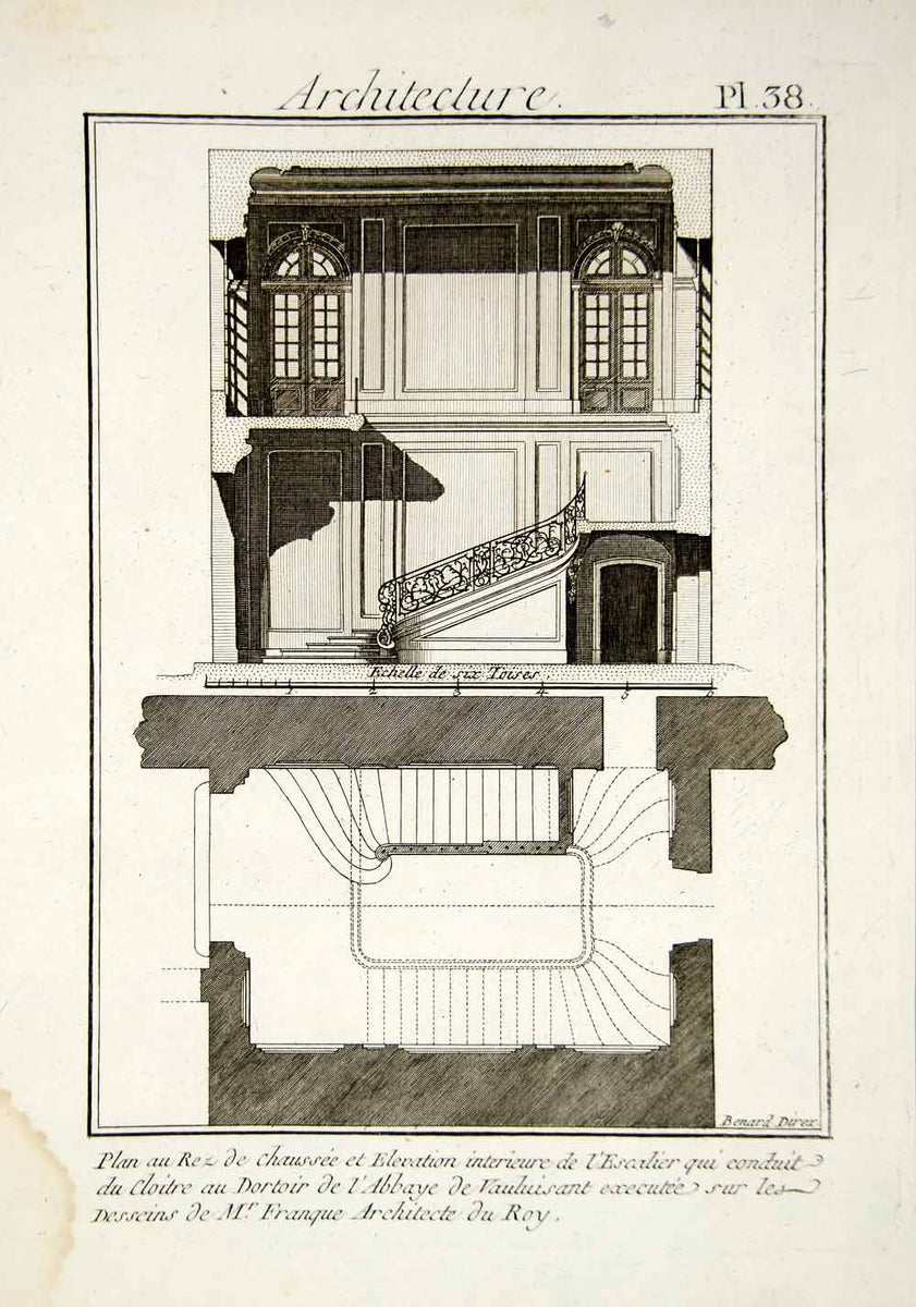 1779 Copper Engraving Architecture Vauluisant Abbey Staircase Plan Fro ...