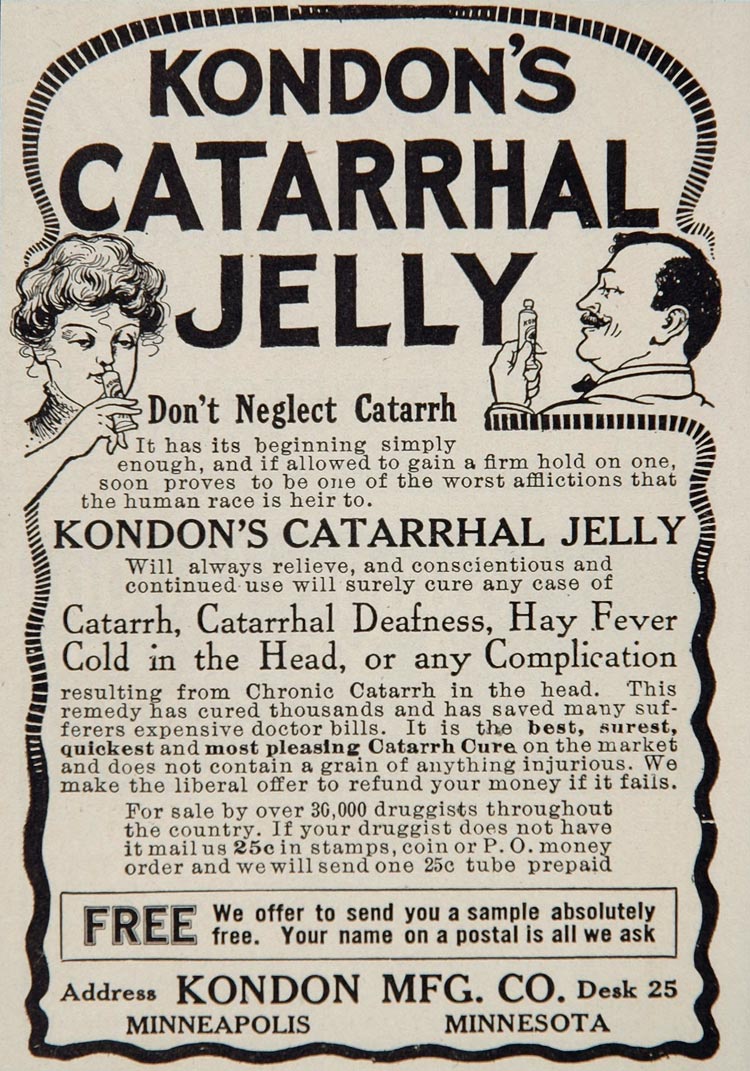 1907 Ad Catarrh Deafness Cure Quackery Kondon Jelly - ORIGINAL ADVERTI ...