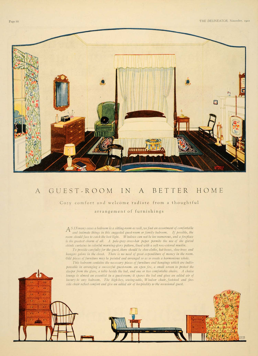 1922 Print Guest Room Interior Decoration Bedroom Bed Furniture Art DL ...