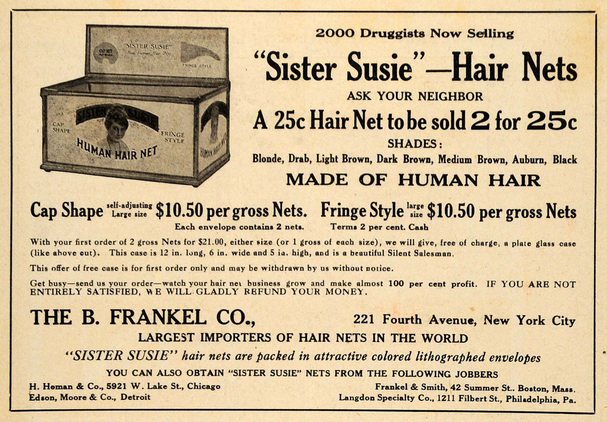 1920 Ad B. Frankel Sister Susie Human Shade Color Hair Net Caps Fashio ...