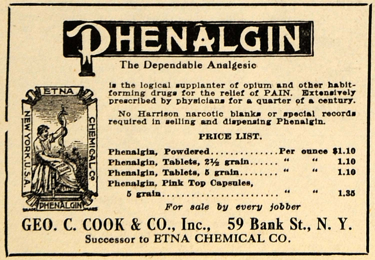 1920 Ad Geo. C. Cook Phenalgin Non-Opium Pain Treatment Etna Chemical ...