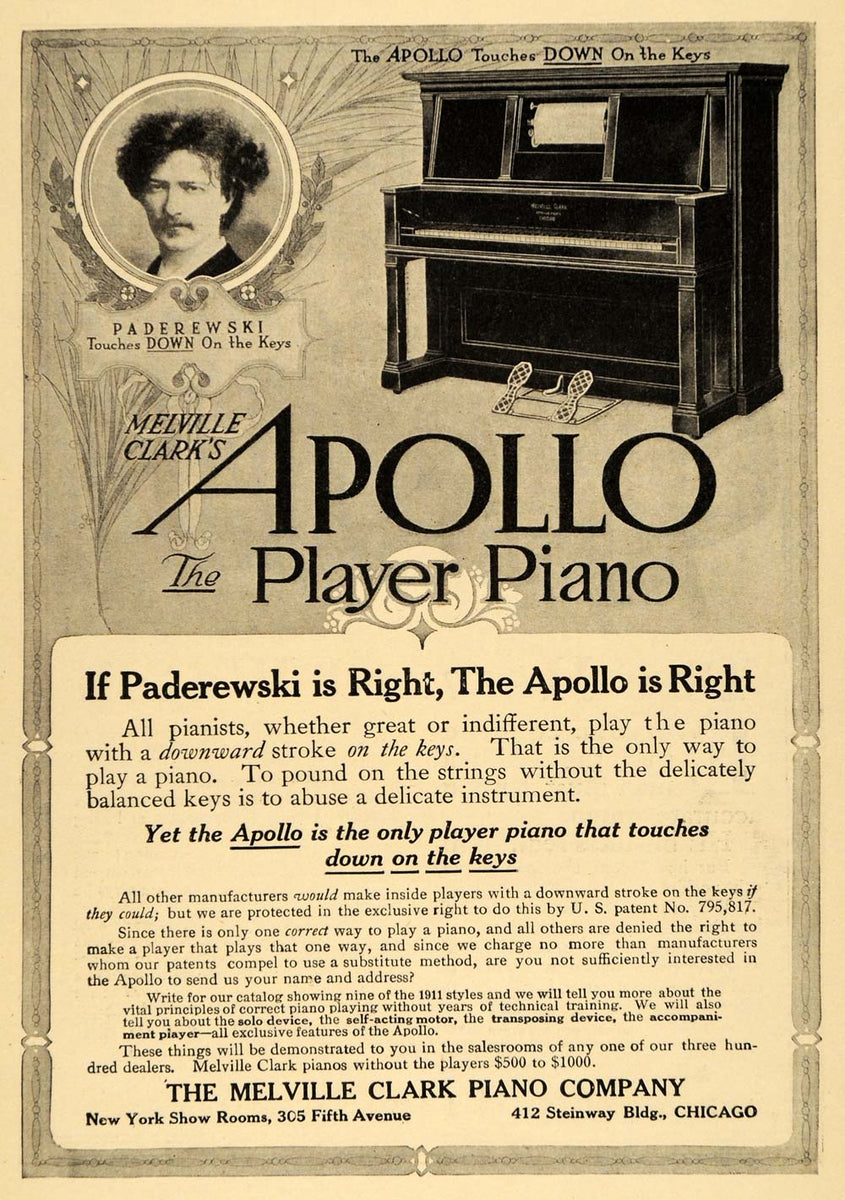 1911 Ad Paderewski Melville Clarks Apollo Player Piano - ORIGINAL EM1 ...