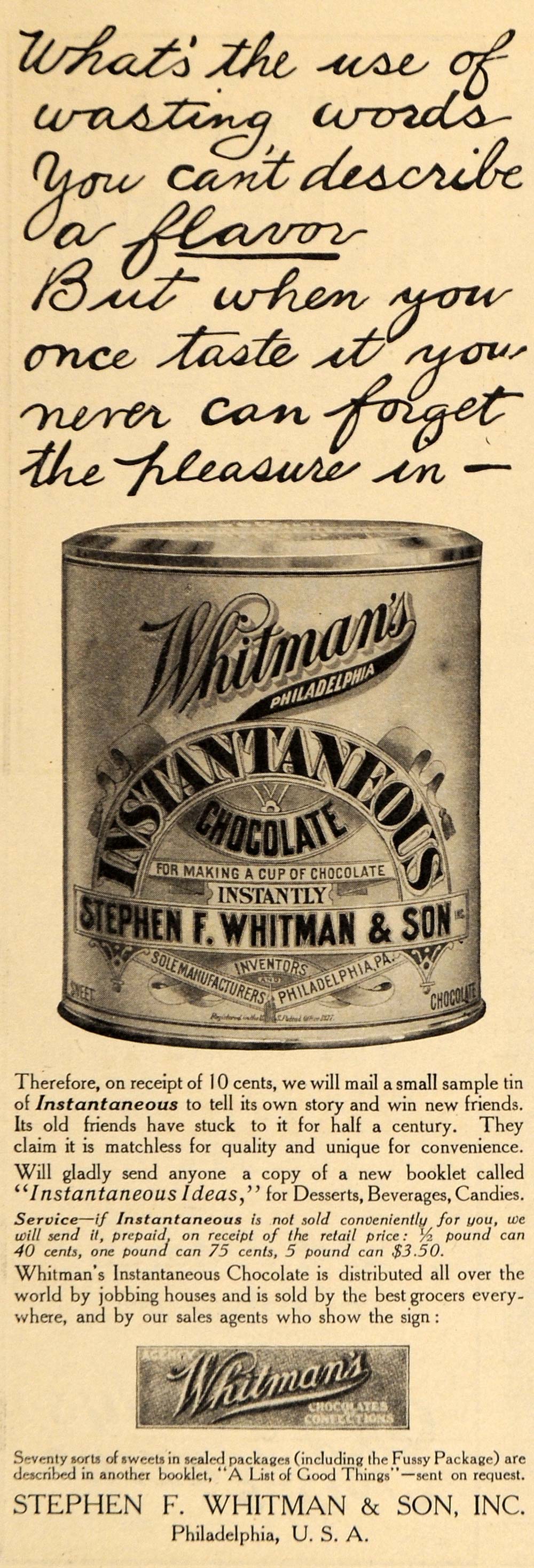 1912 Ad Stephen F Whitman Sons Instantaneous Chocolate - ORIGINAL EM1 ...