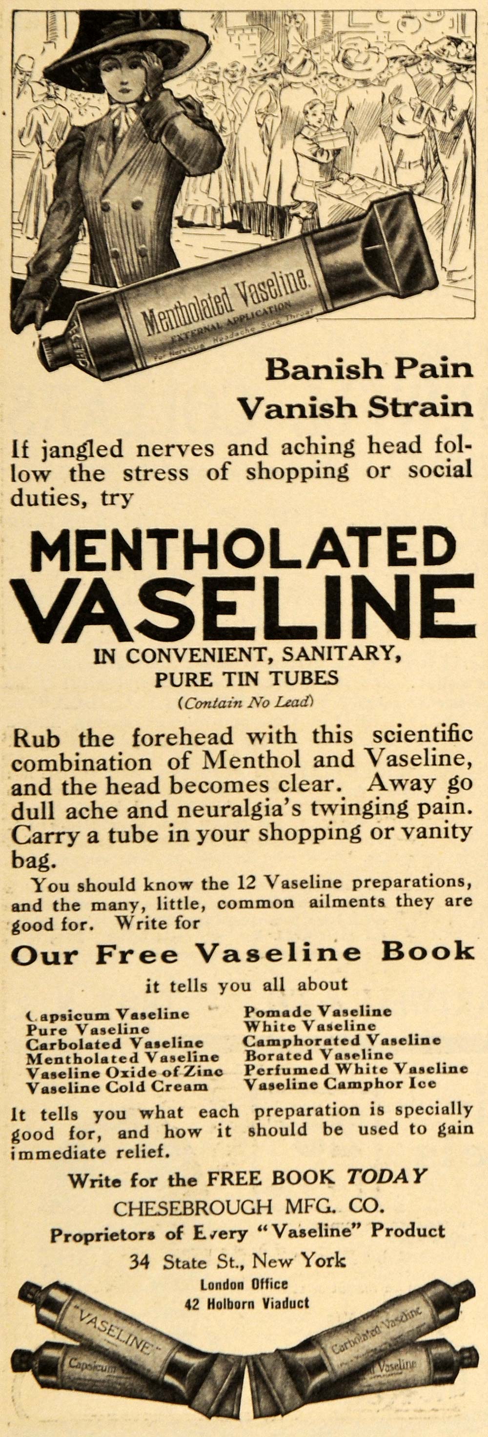 1909 Ad Chesebrough Mfg. Co. Mentholated Vaseline Tube - ORIGINAL EM2 ...