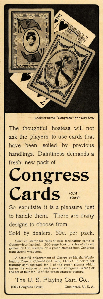 1908 Ad Congress Gold Edged Playing Cards Pricing - ORIGINAL ADVERTISI ...